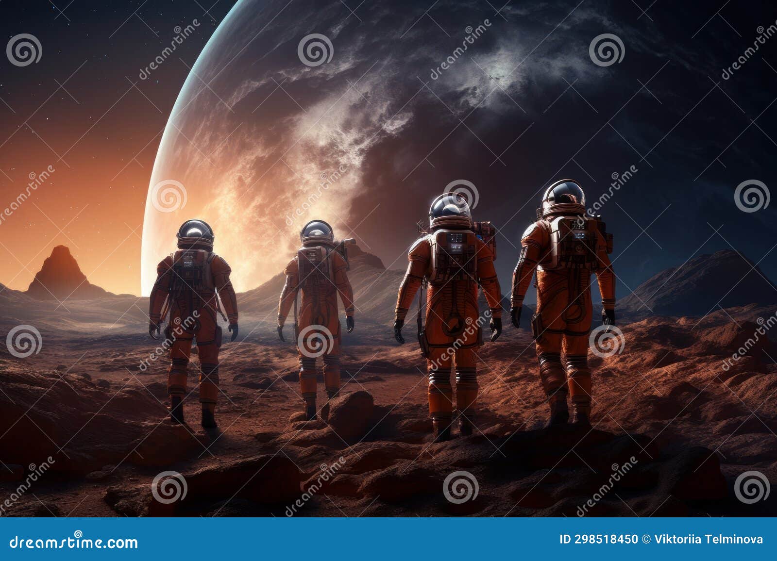 A Group of Astronauts in Spacesuits Walk on the Surface of the Planet ...