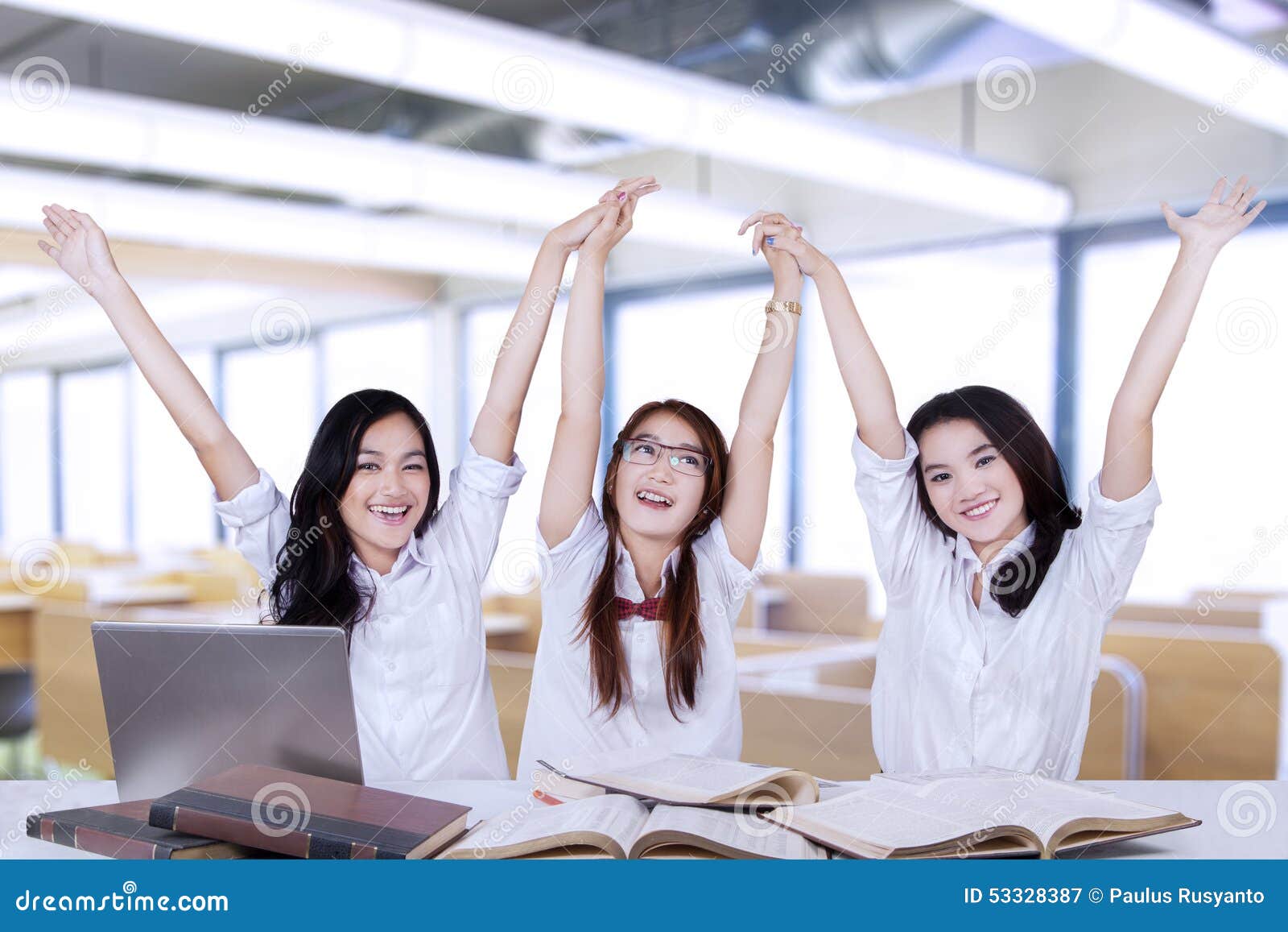 Group of Attractive Students Raise Hands Stock Image - Image of ...