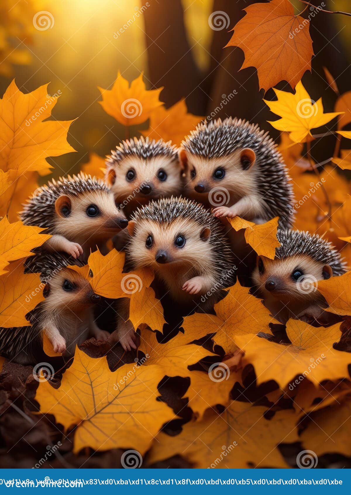 Group of Baby Hedgehogs Climbing and Playing in the Leaves. Ai ...