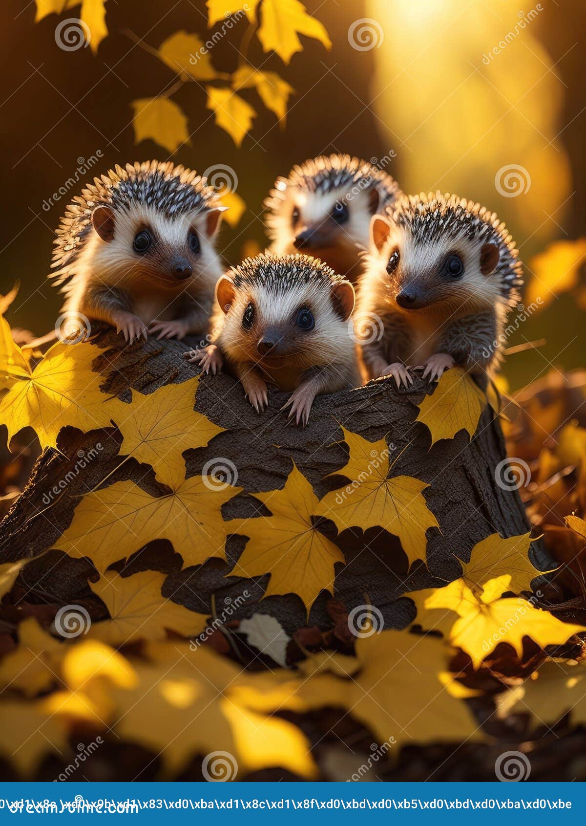 Group of Baby Hedgehogs Climbing and Playing in the Leaves. Ai ...