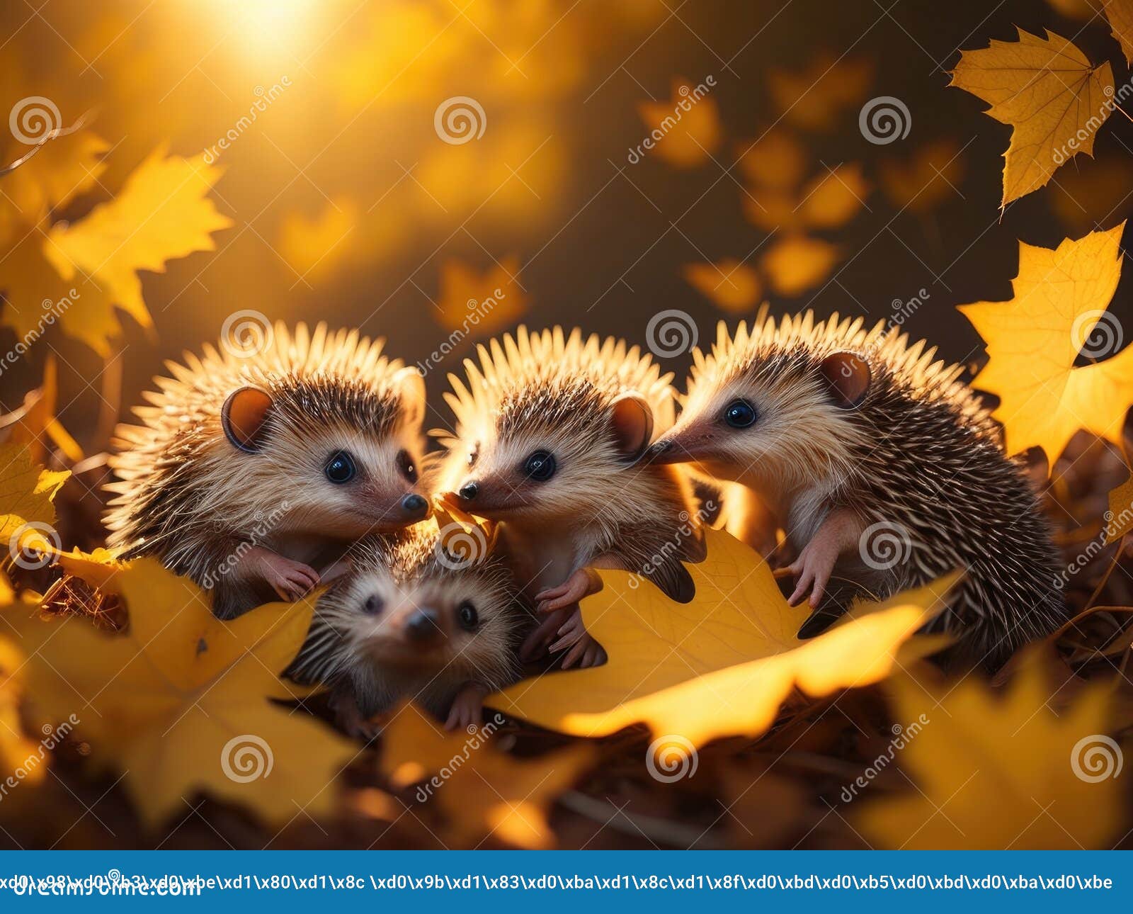 Group of Baby Hedgehogs Climbing and Playing in the Leaves. Ai ...
