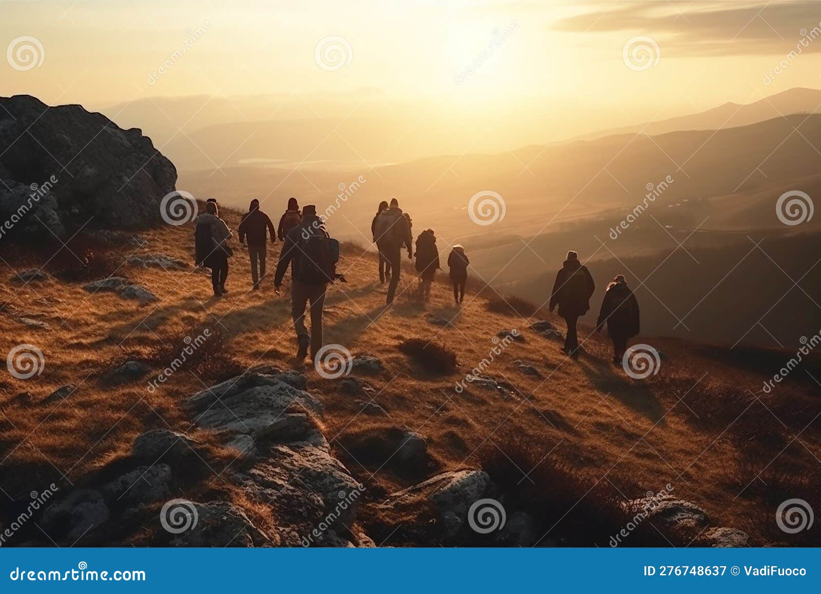 A Group of Backpackers Walking through the Mountains at Sunset. Stock ...