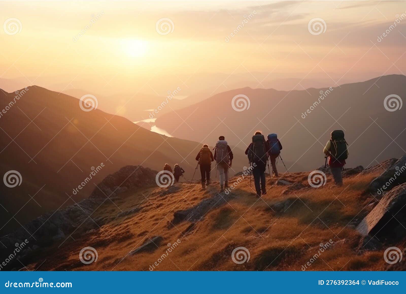 A Group of Backpackers Walking through the Mountains at Sunset. Stock ...