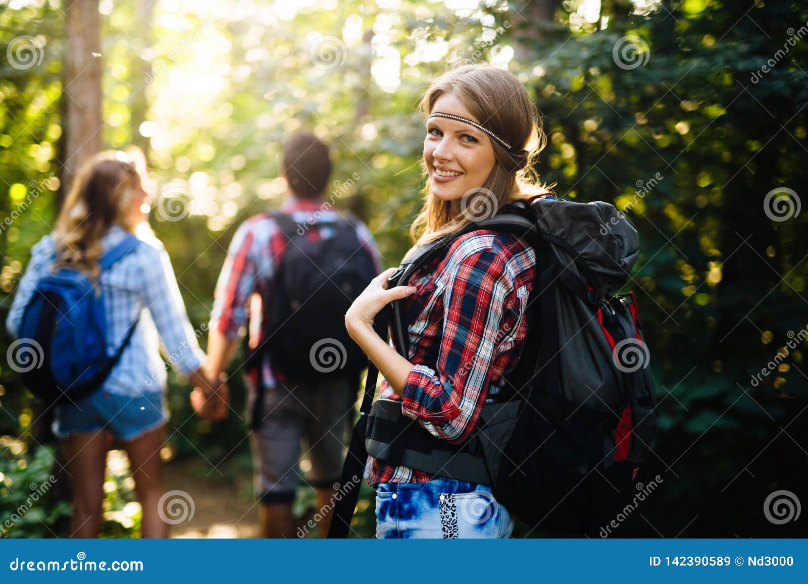 Group of Backpacking Hikers Going for Forest Trekking Stock Image ...