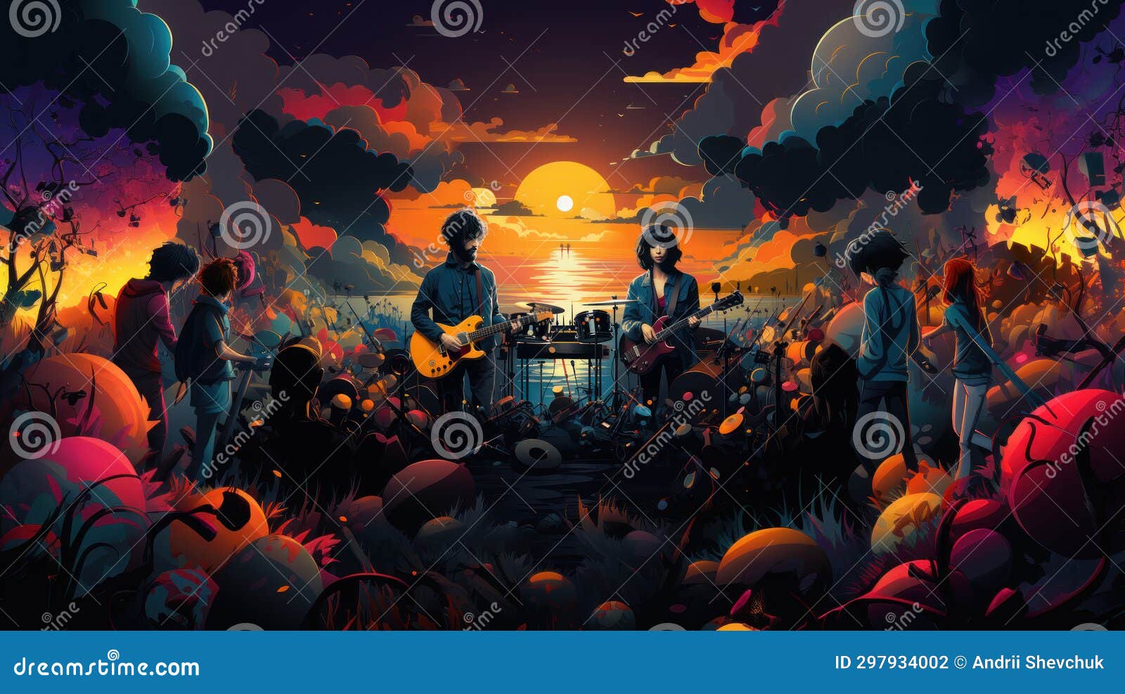 Group of Band People Playing Music in the Park at Sunset Stock ...