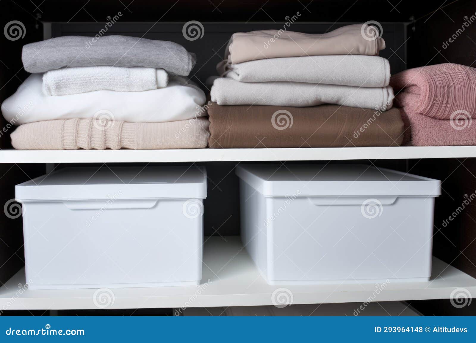 Group of Basic, White Storage Boxes Stacked in a Closet Stock Photo ...