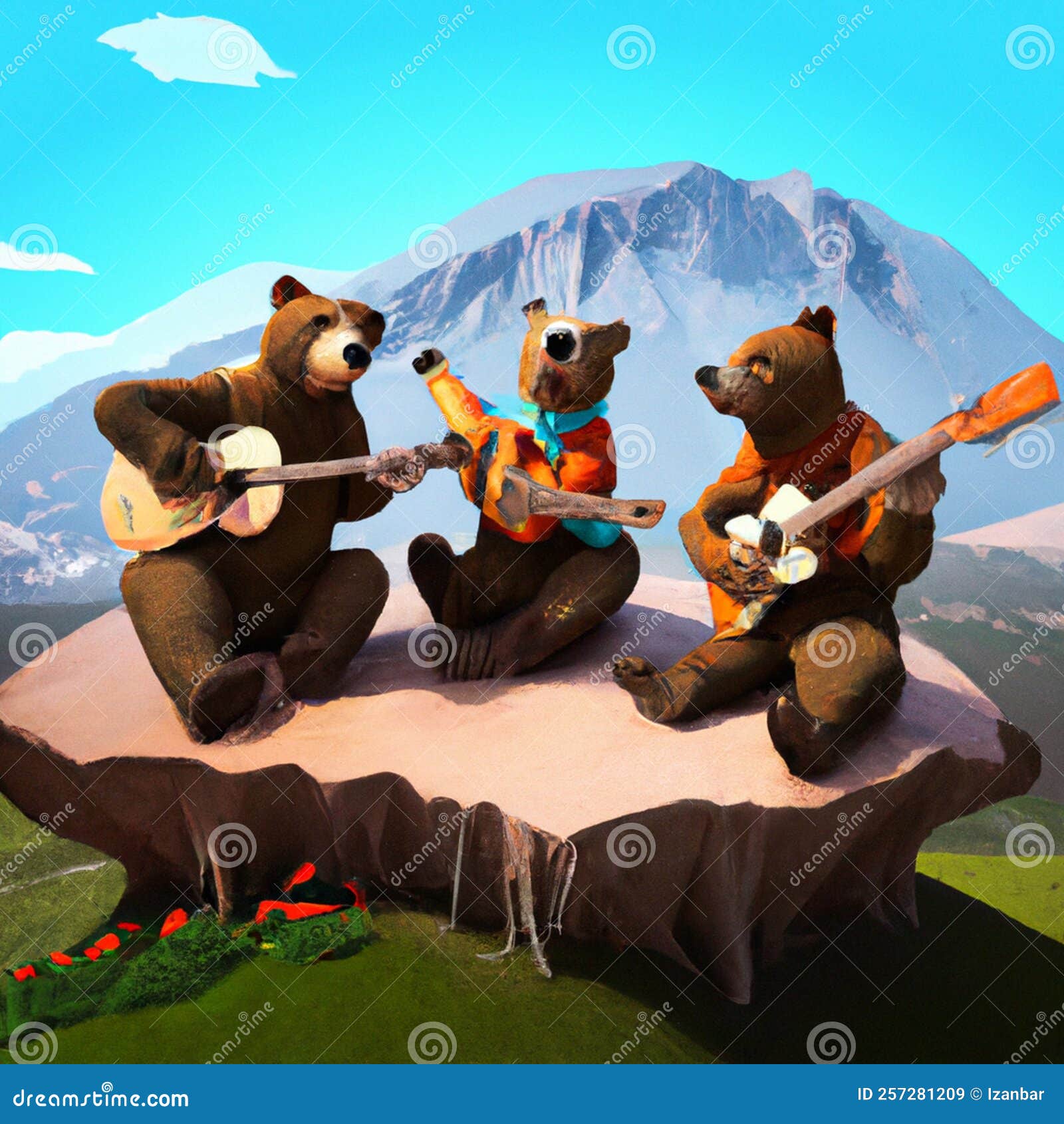 Group of Bears Playing Guitar on Mountains in Spring Season Stock ...