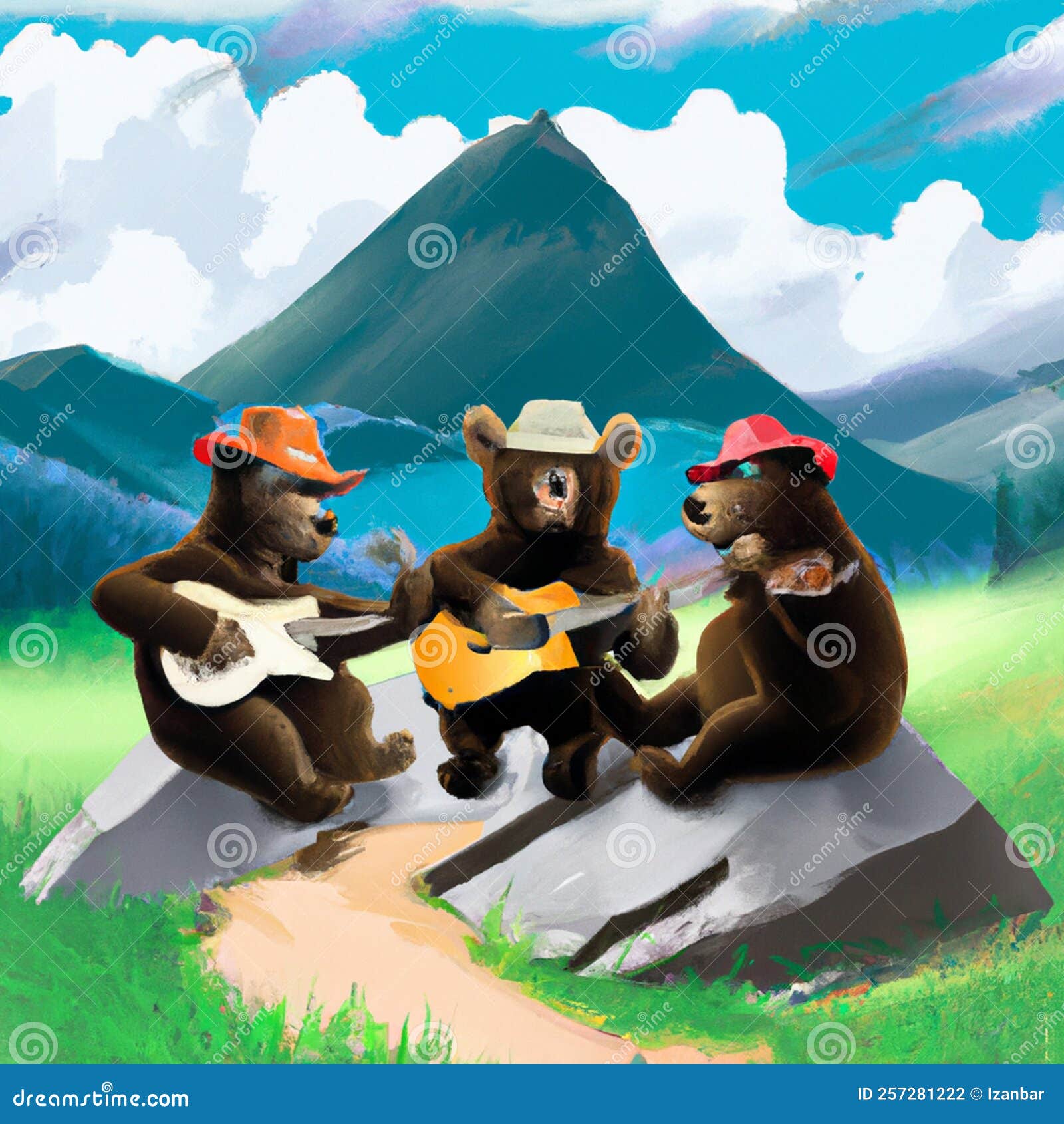 Group of Bears Playing Guitar on Mountains in Spring Season Stock ...