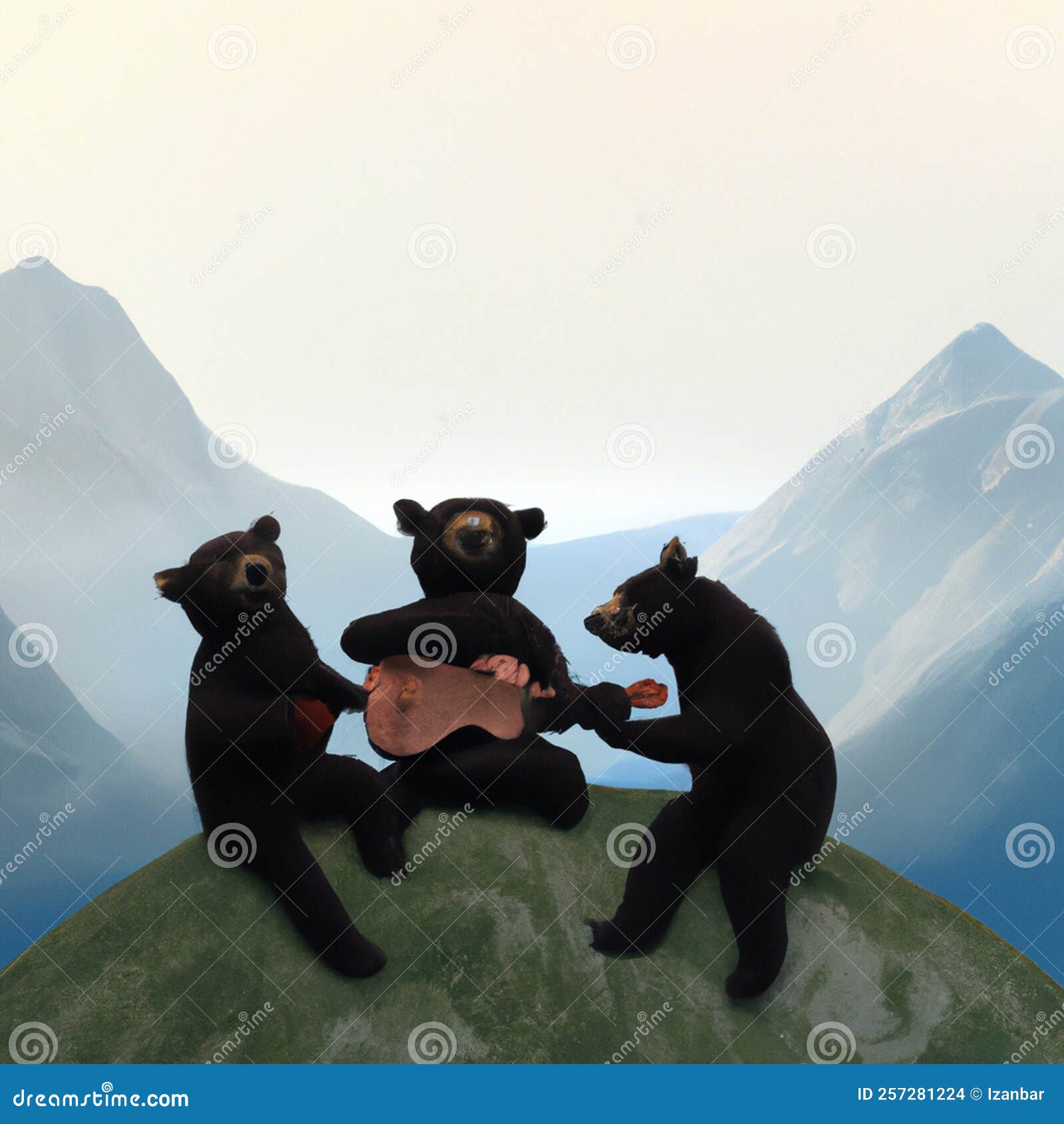 Group of Bears Playing Guitar on Mountains in Spring Season Stock ...