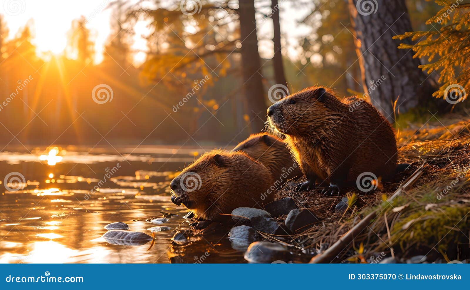 Group of Beavers Sitting at the Bank of the Forest River with Setting ...