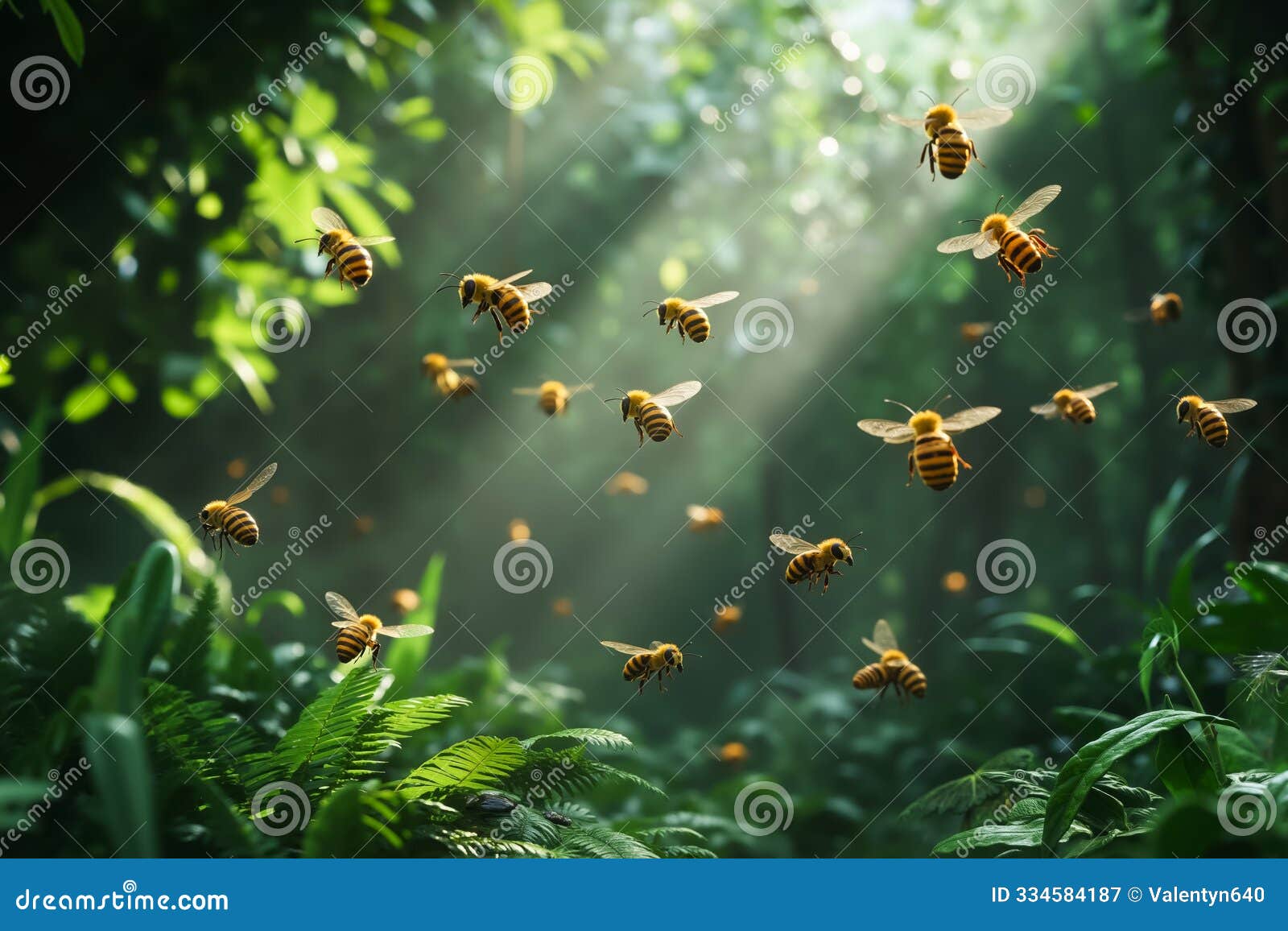 A Group of Bees Flying through a Lush Green Forest Stock Image - Image ...