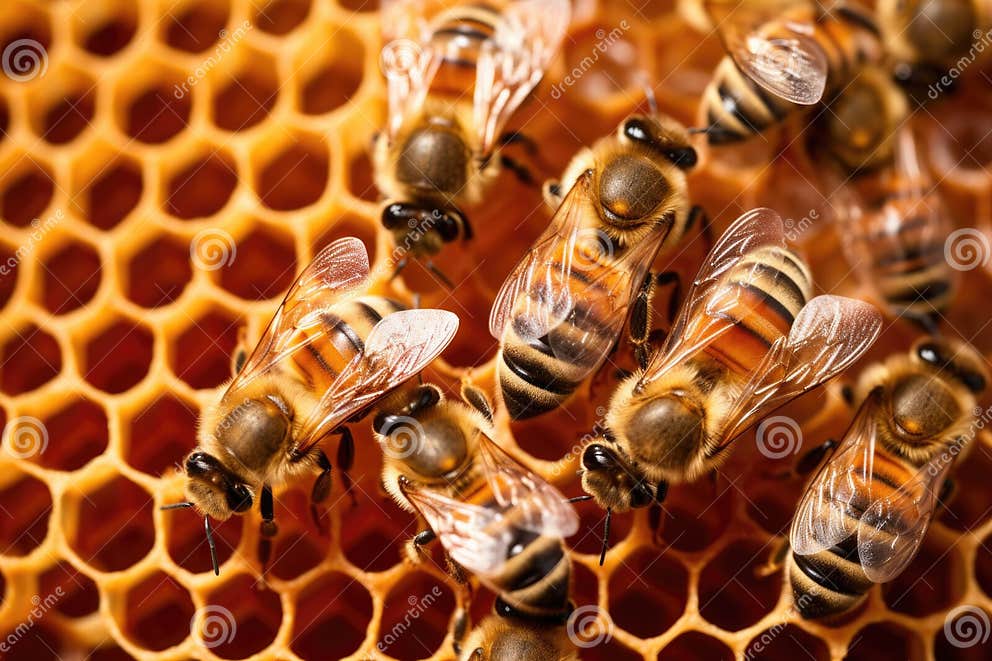 A Group of Bees Huddled Together in a Honeycomb Stock Photo - Image of ...
