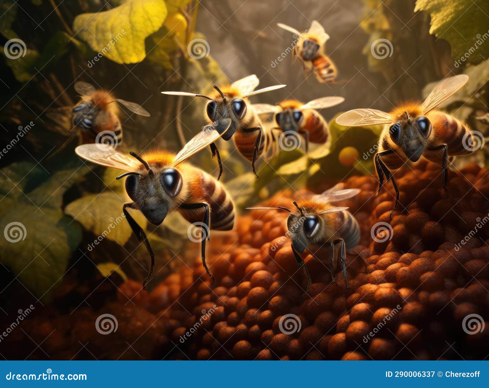 A group of bees at work stock illustration. Illustration of green ...