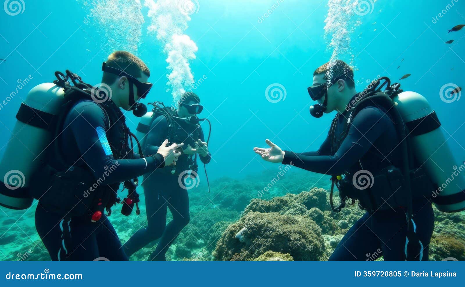 Group of Beginner Divers Trains Underwater with Instructor, Practicing ...