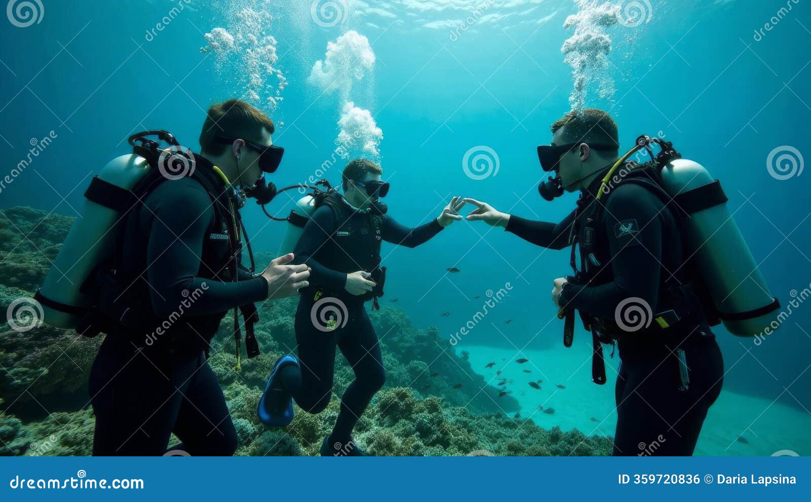 Group of Beginner Divers Trains Underwater with Instructor, Practicing ...
