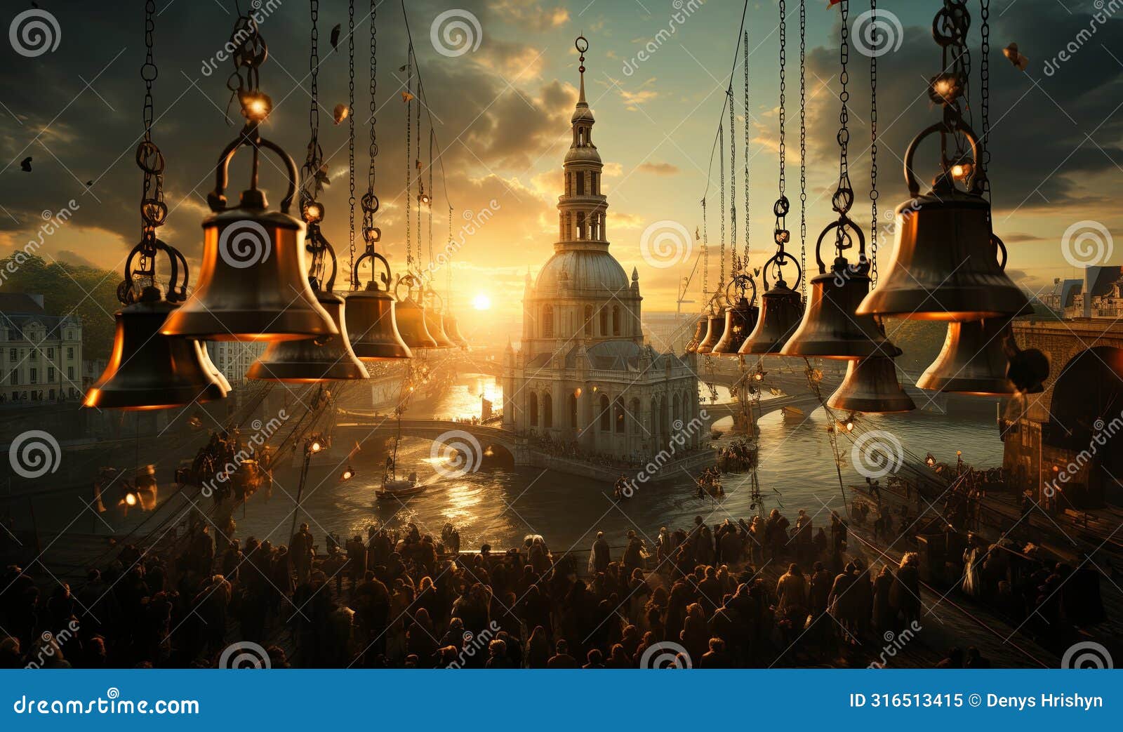 Group of Bells Hanging from Ceiling Stock Image - Image of space ...