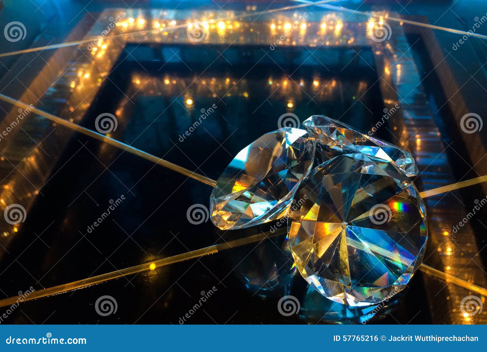 Group Of Big Diamonds Shining On Reflection Black Glass Table At The ...