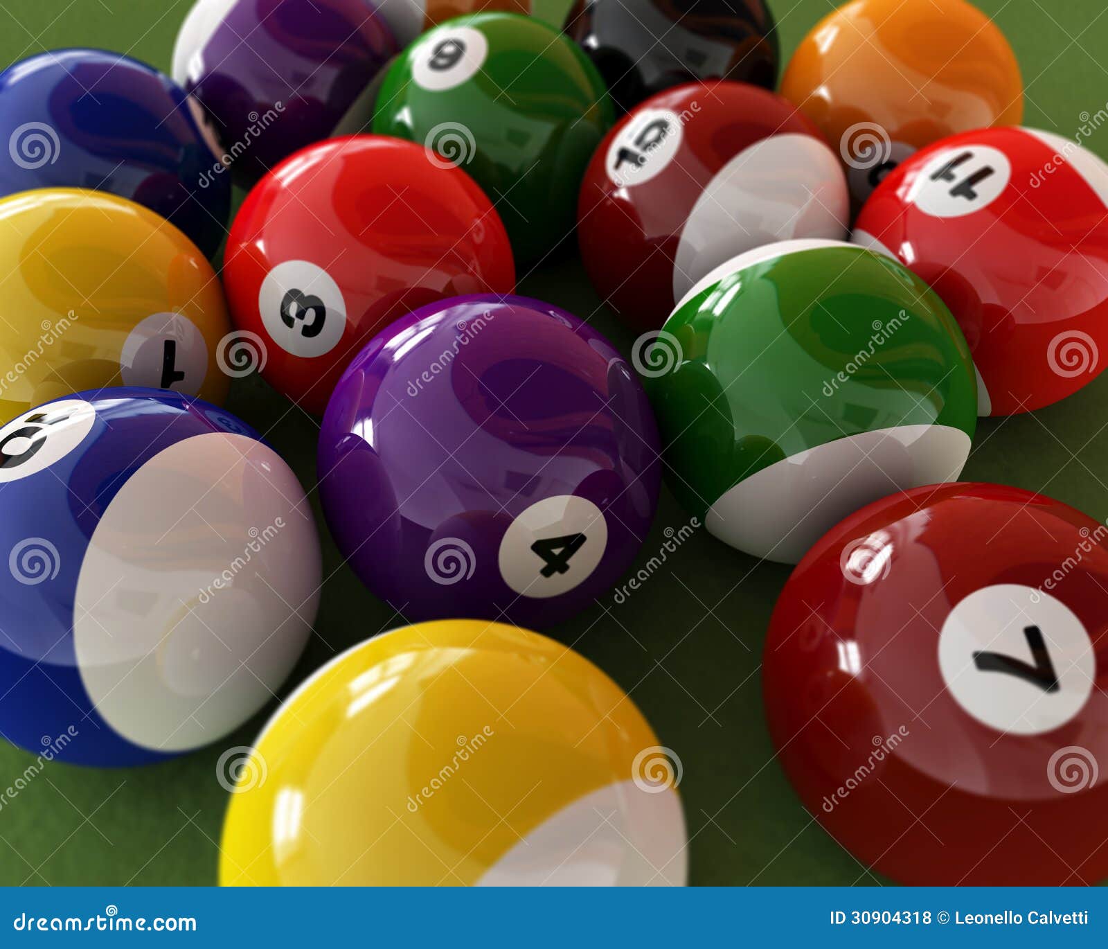 Group of Billiard Balls with Numbers, on Green Carpet Table. Stock ...