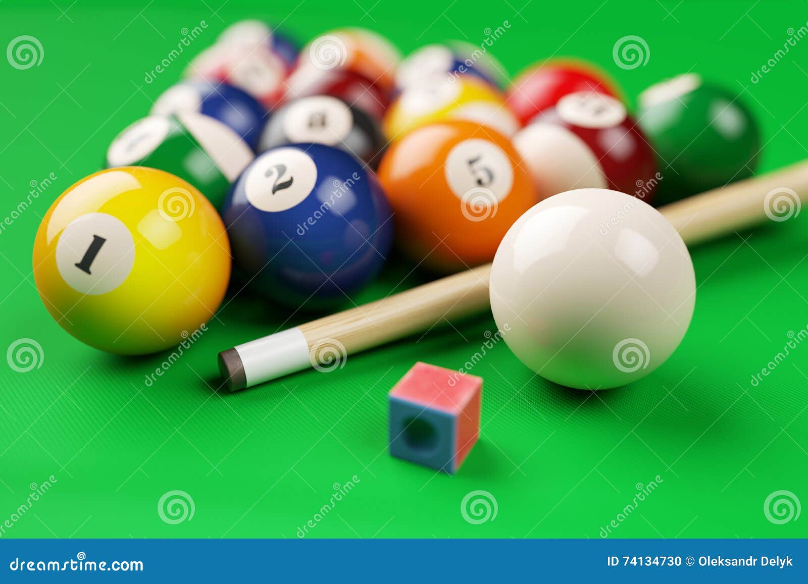 Group of Billiard Colored Balls, Cue and Chalk on Green Table Stock ... Group of Billiard Colored Balls, Cue and Chalk on Green Table Stock ...