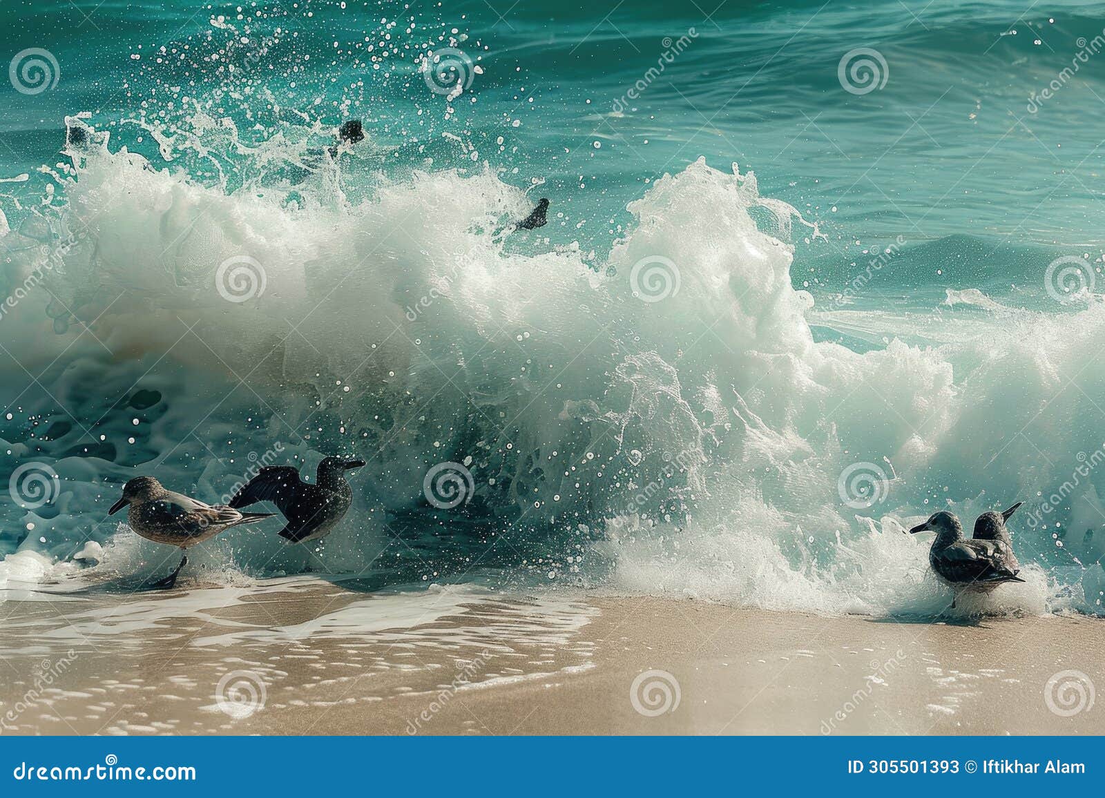 A Group of Birds Perched on the Crest of a Wave in the Ocean, Animals ...