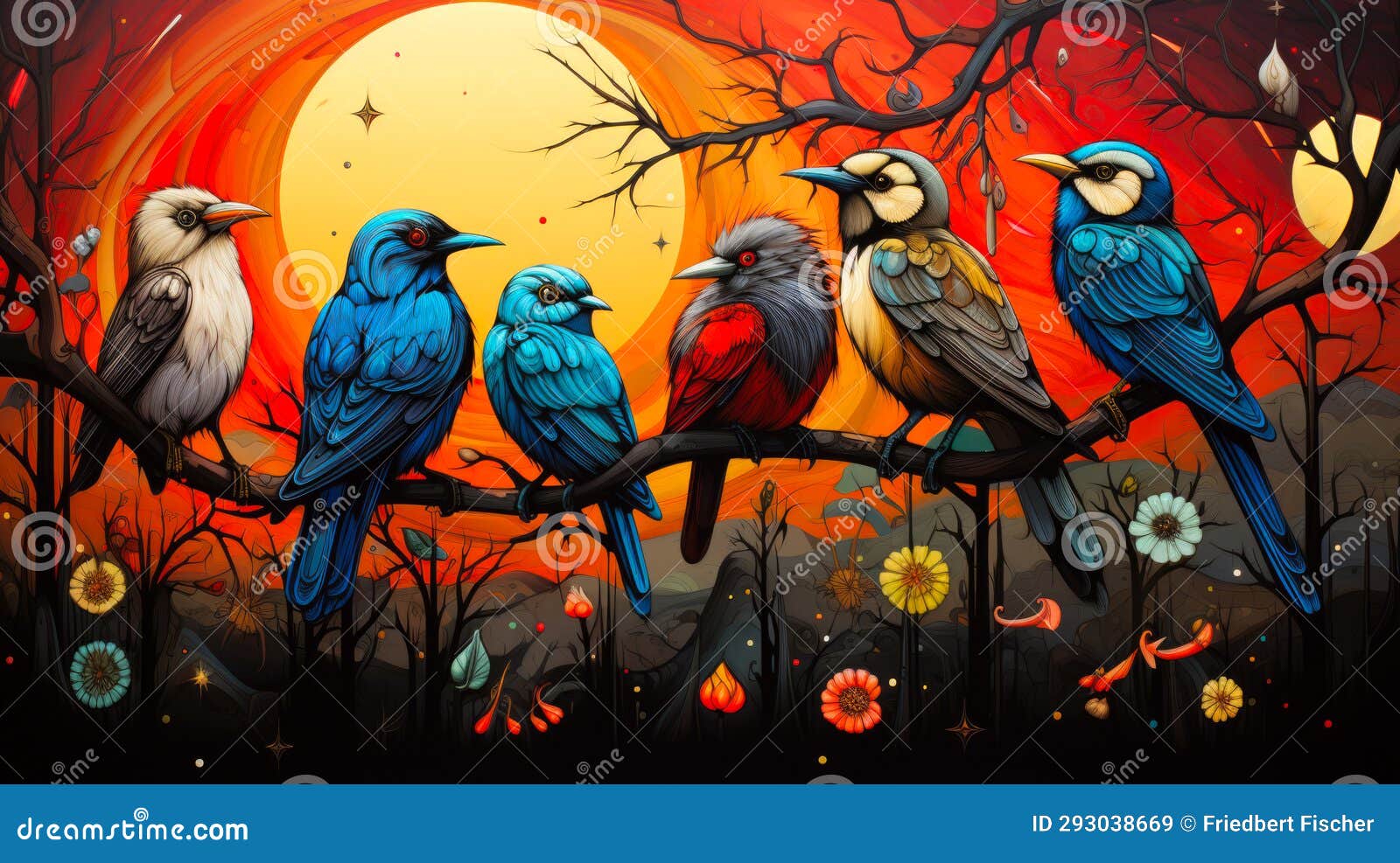 A Group of Birds Sitting on a Tree Branch Stock Illustration ...