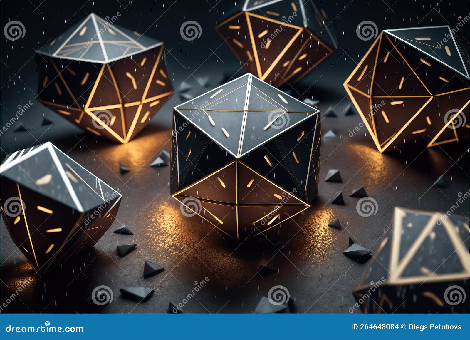 A Group of Black and Gold Colored Objects on a Table with Lights Around ...