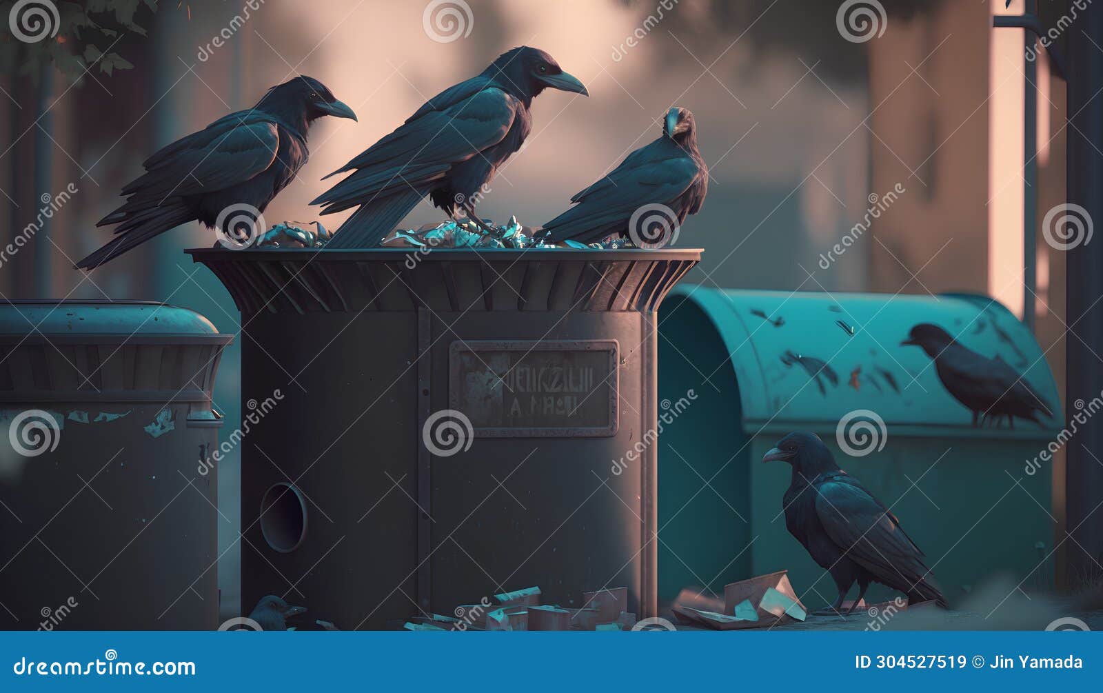 A Group of Black Ravens Sitting on a Garbage Can in the City. Stock ...