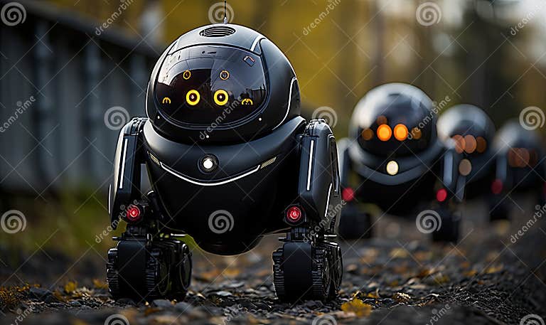 Group of Black Robots Riding Down Road Stock Image - Image of riding ...
