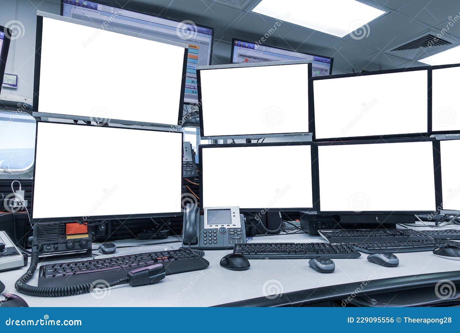 Group of Blank Monitors and Screen on Security Desk or Control Room for ...
