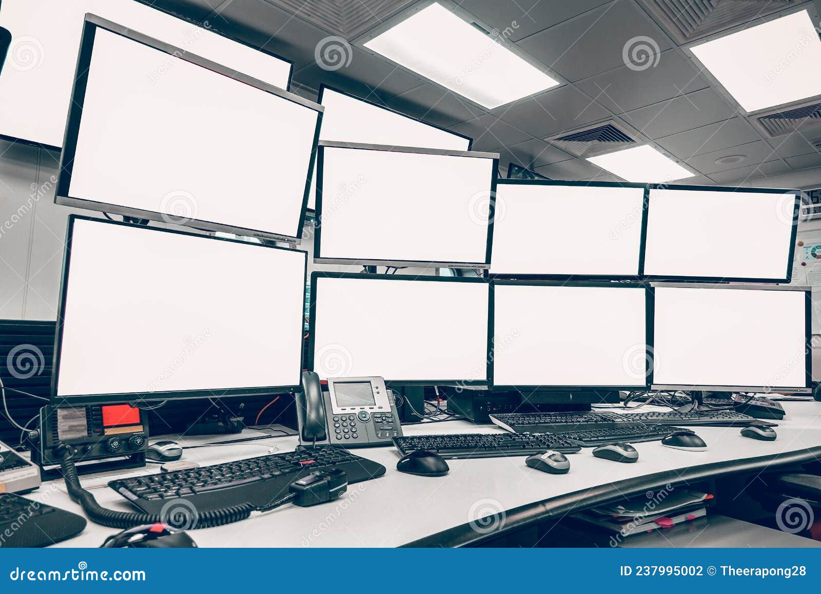 Group of Blank Monitors and Screen on Security Desk or Control Room for ...