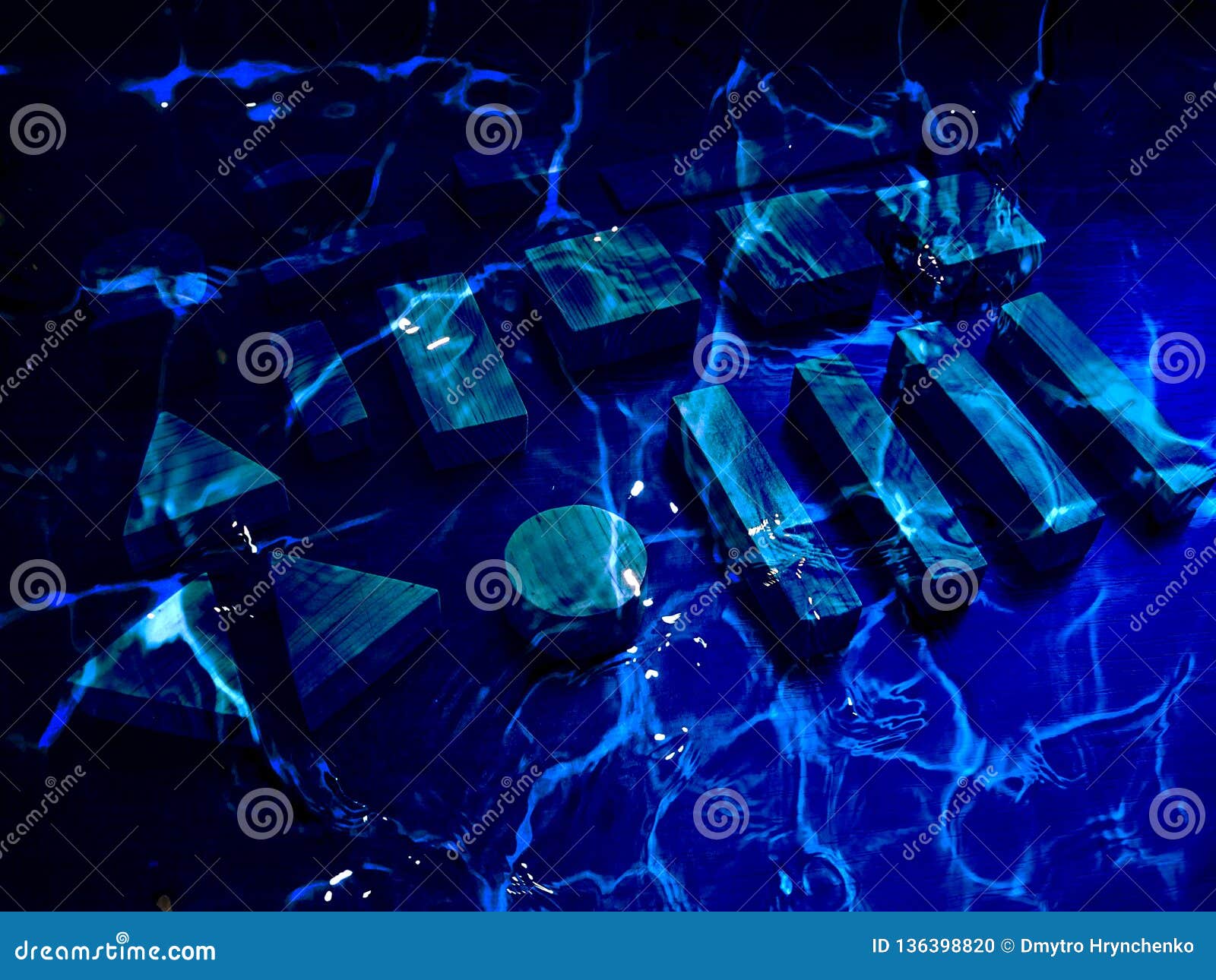 Group of Block Objects are Deep Underwater. Dark Blue Mystic Magical ...