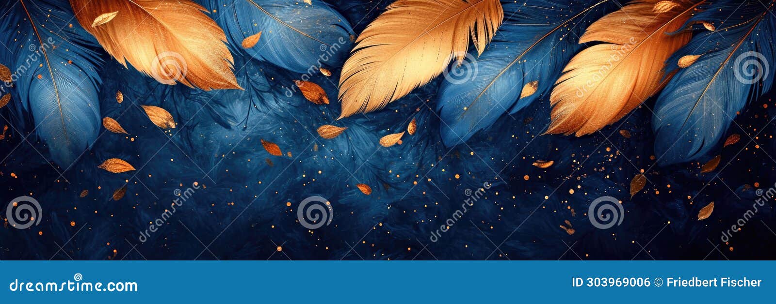 A Group of Blue and Orange Feathers Floating in the Air, Panoramic ...