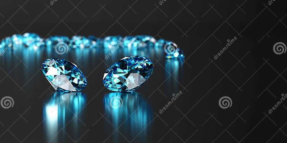 Group of Blue Round Diamonds Gem Placed on Reflection Background 3d ...
