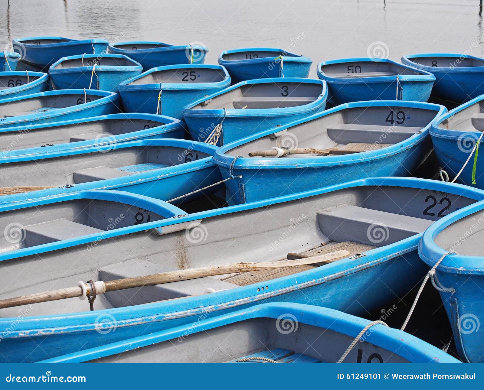 Group of Blue Rowboat at River Stock Image - Image of moored, empty ...