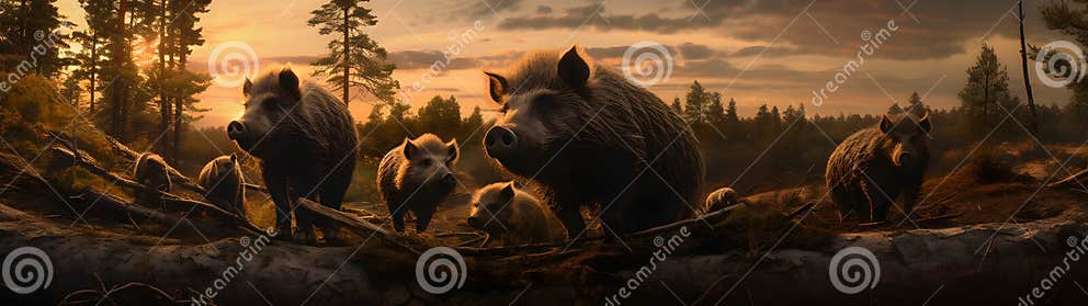 Boars Running in the Forest with Setting Sun. Stock Illustration ...