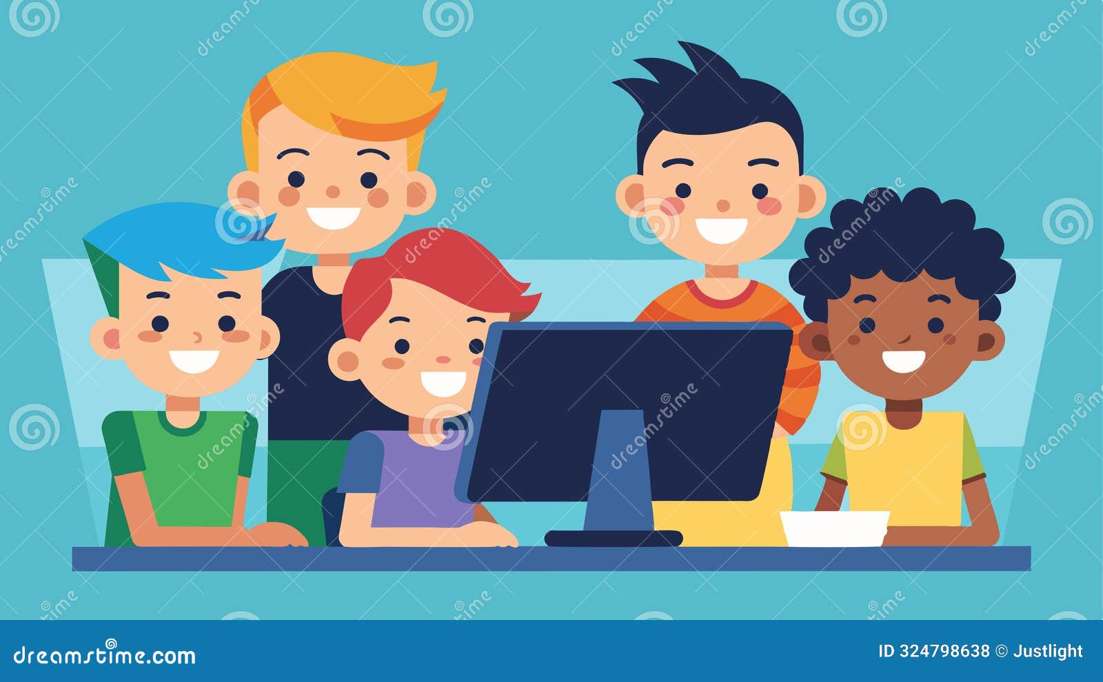 A Group of Boys Crowded Around a Computer Eagerly Typing Away As they ...