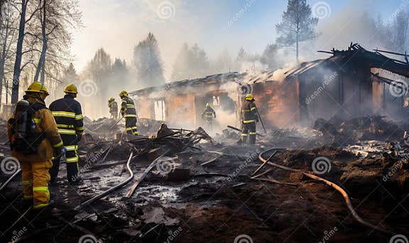 Group of Brave Firefighters, Heroic, Standing Tall, in Front of ...