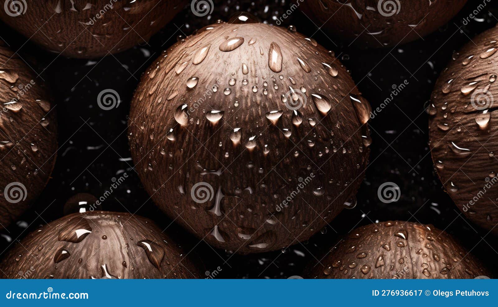 A Group of Brown Balls Covered in Water Droplets on a Black Surface ...