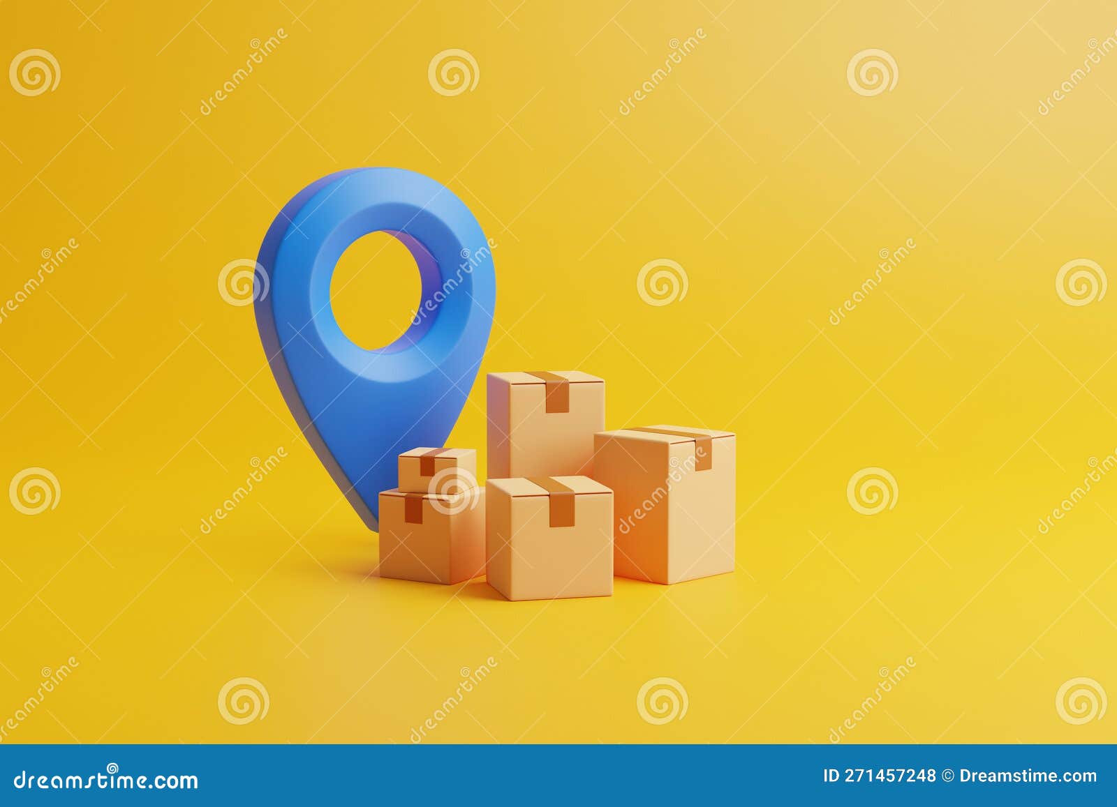 Group of Brown Cardboard Boxes with Blue Location Pointer on Yellow ...