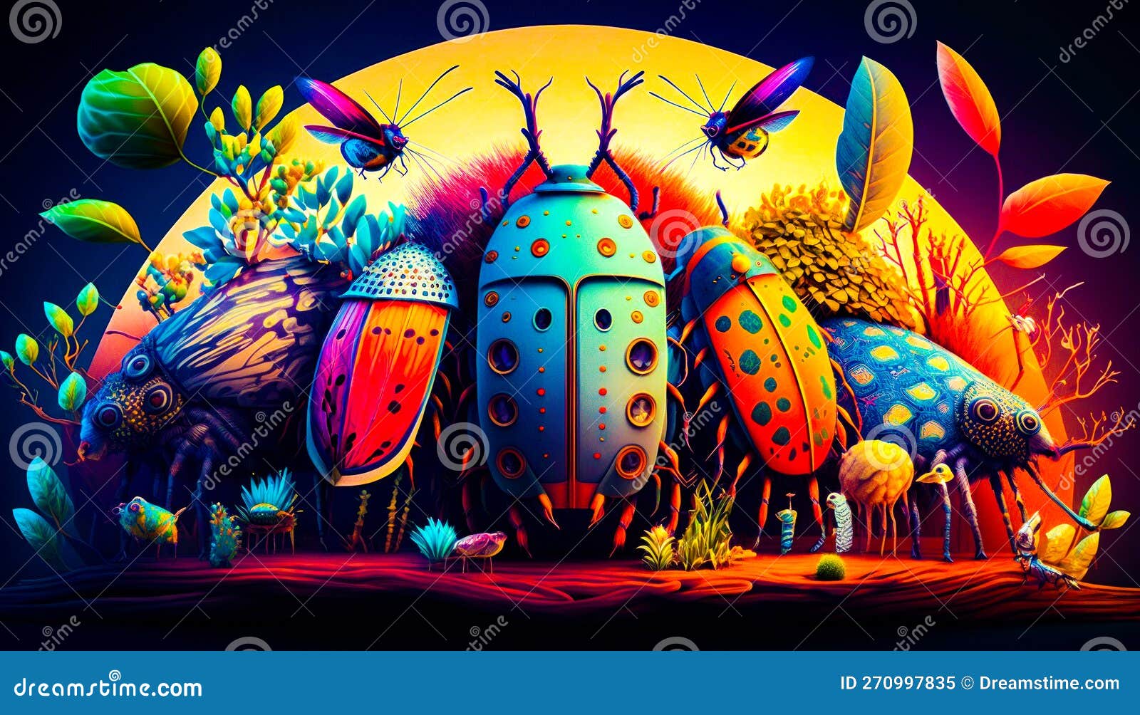 Group of Bugs Sitting on Top of Field. Fantasy Stock Illustration ...