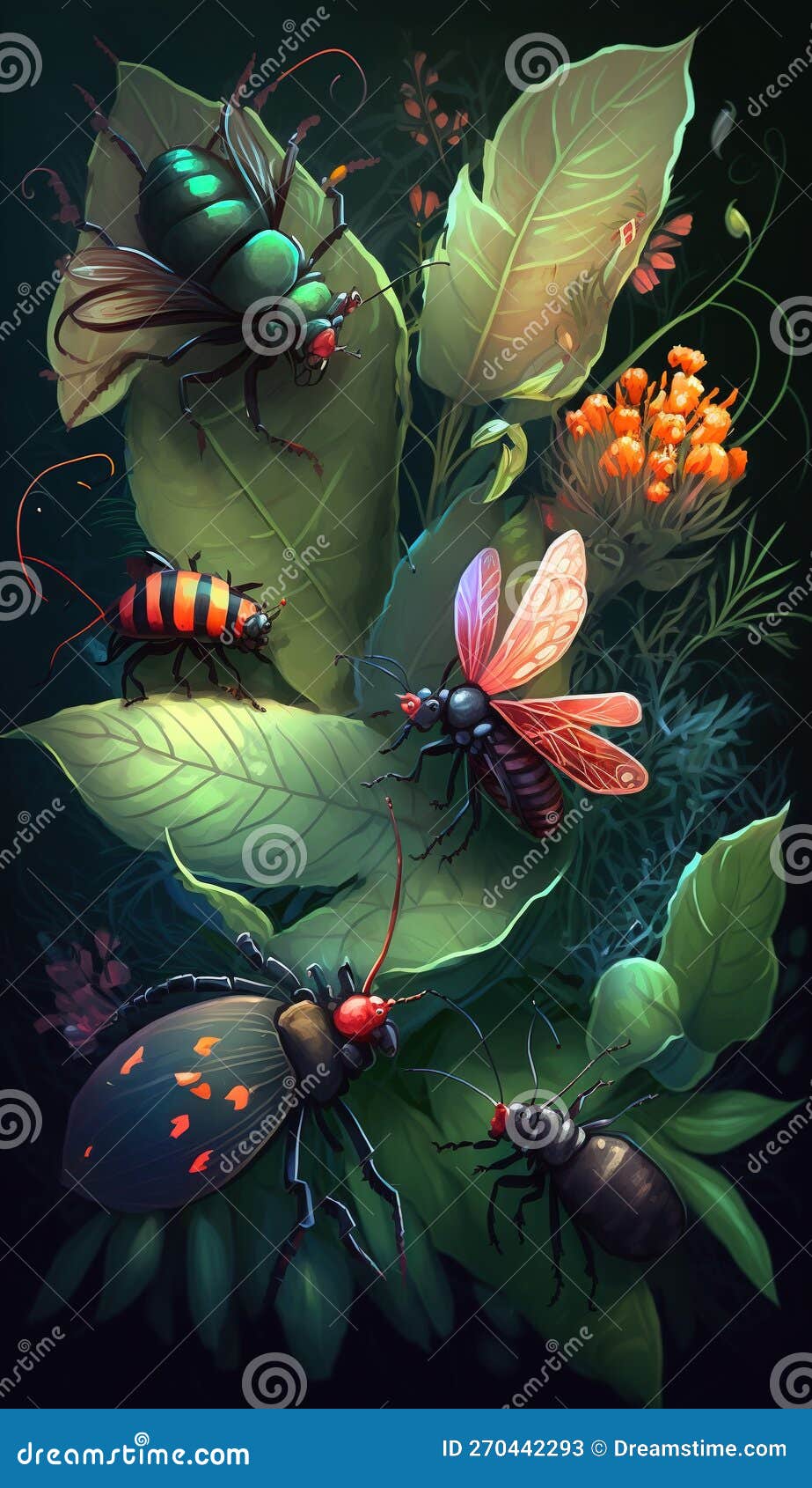 A Group of Bugs Sitting on Top of a Green Leaf. Stock Illustration ...