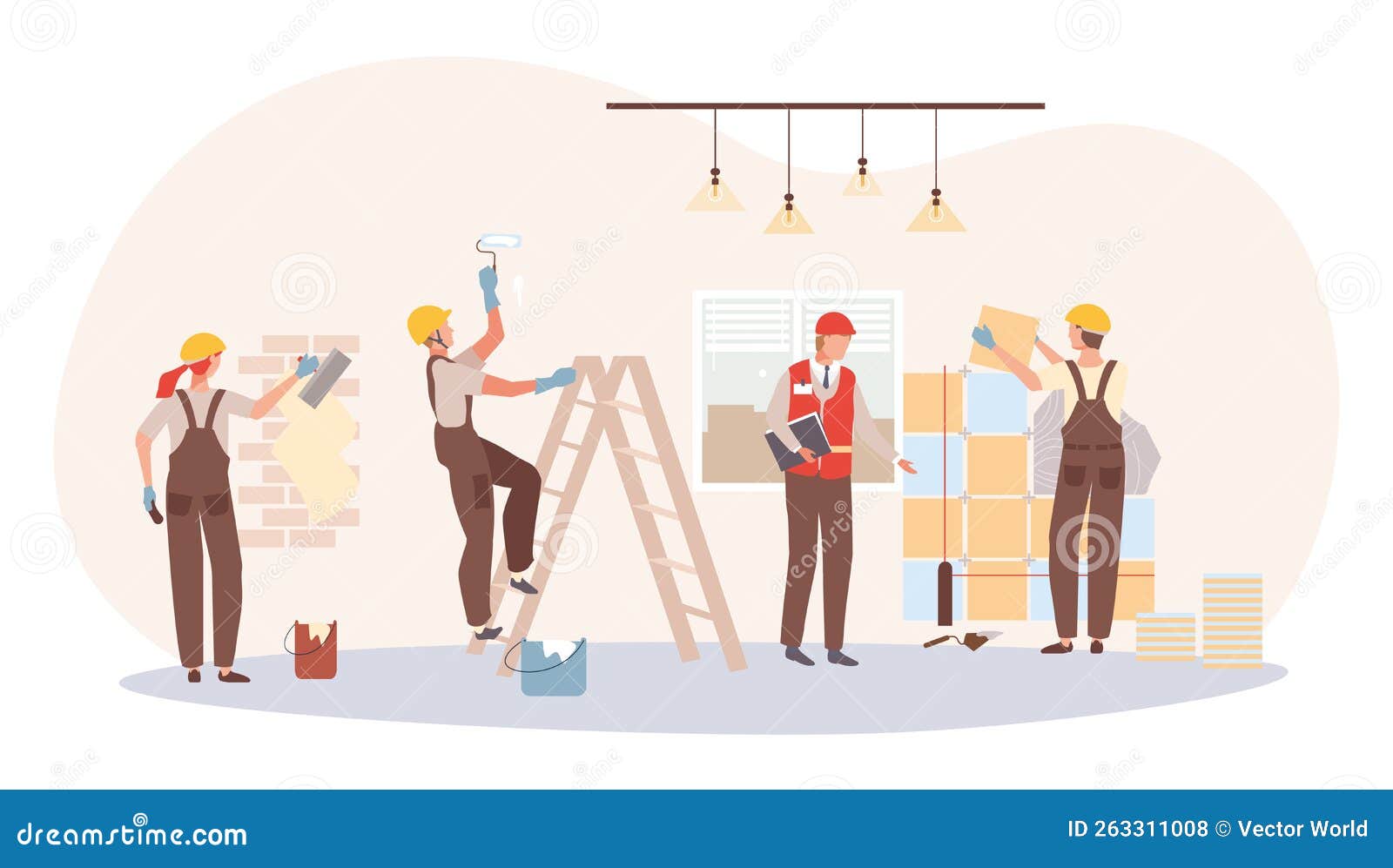 Builder People In Helmets, Work Clothes On Building Line Art Vector ...