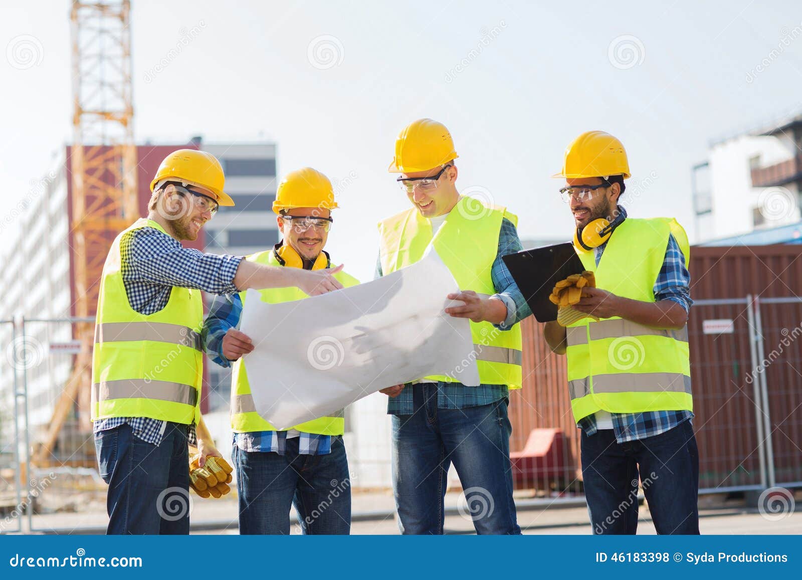 Group of Builders with Tablet Pc and Blueprint Stock Photo - Image of ...
