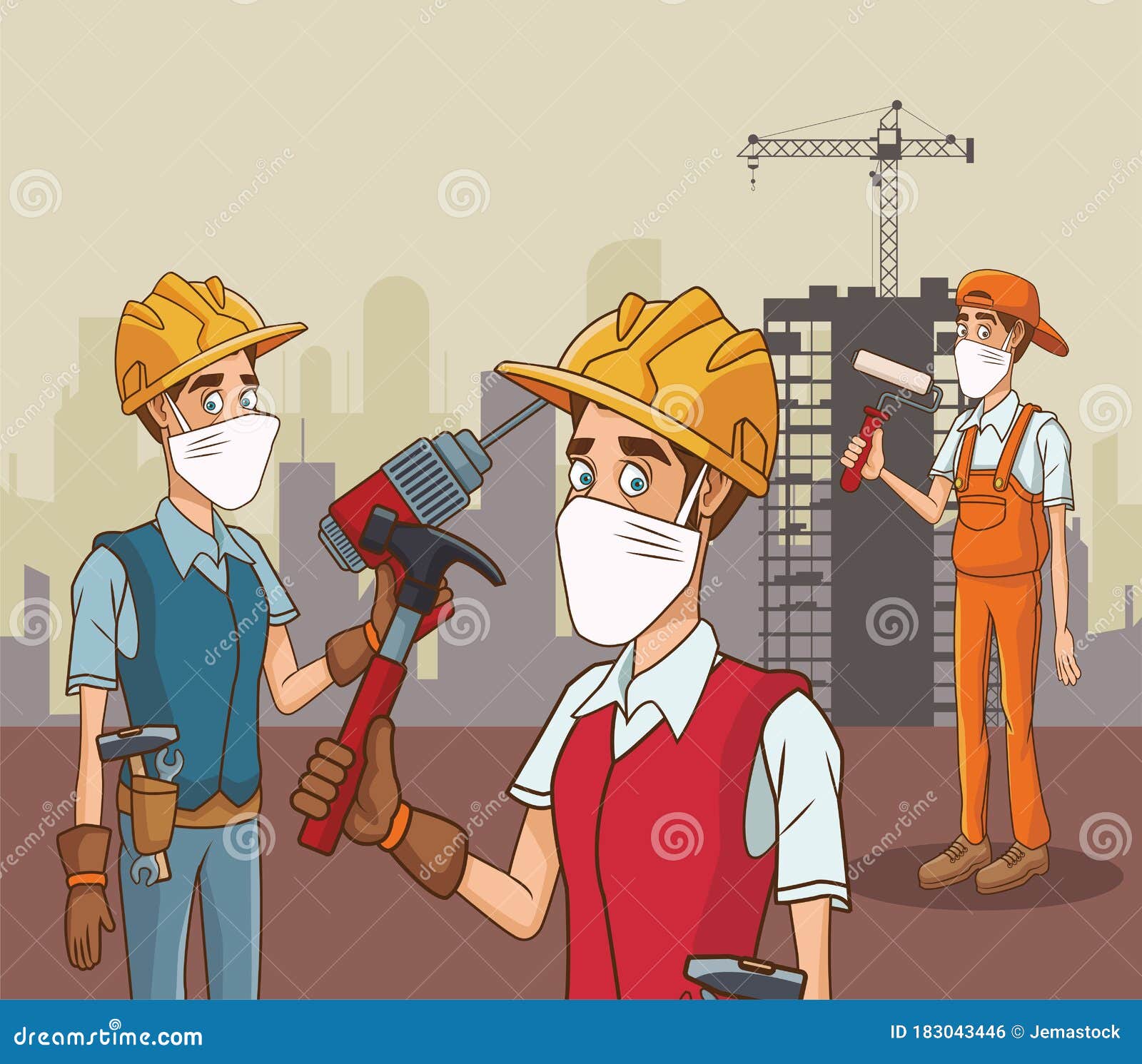 Group of Builders Using Face Mask for Covid19 Stock Vector ...