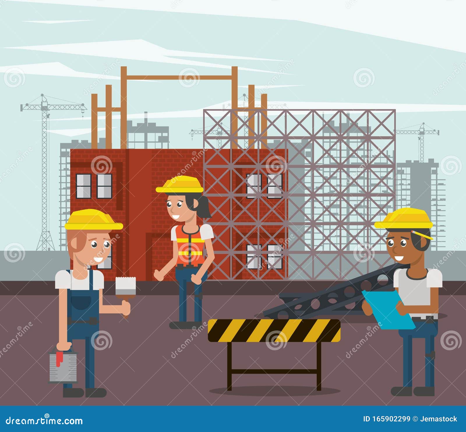Group of Builders Working Under Construction Scene Stock Vector ...