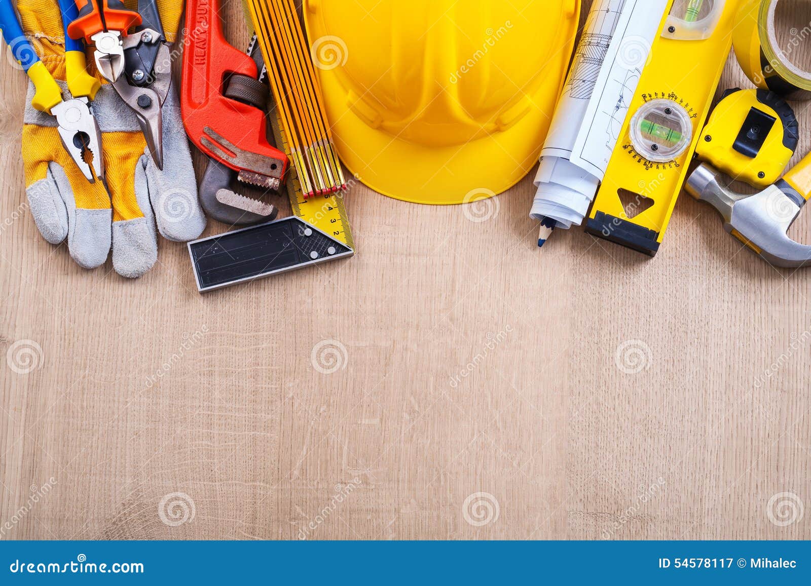 Group of Building Objects on Oak Wooden Board Stock Image - Image of ...