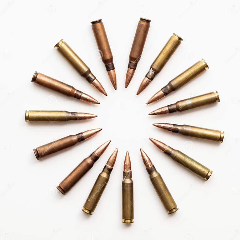 A Group of Bullet Ammunition Shells in a Circle on a White Background ...