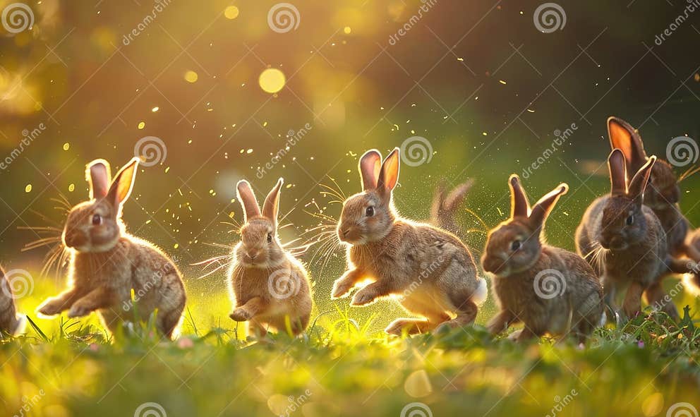 A Group of Bunnies Hopping through a Field Stock Photo - Image of ...