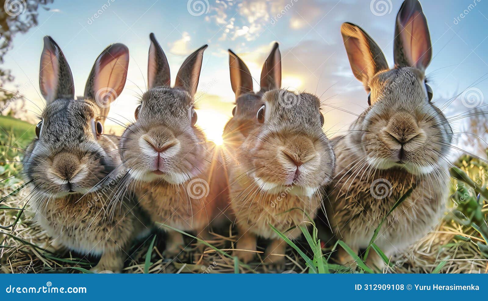 A Group of Bunnies Sitting Next To Each Other in a Row Stock ...