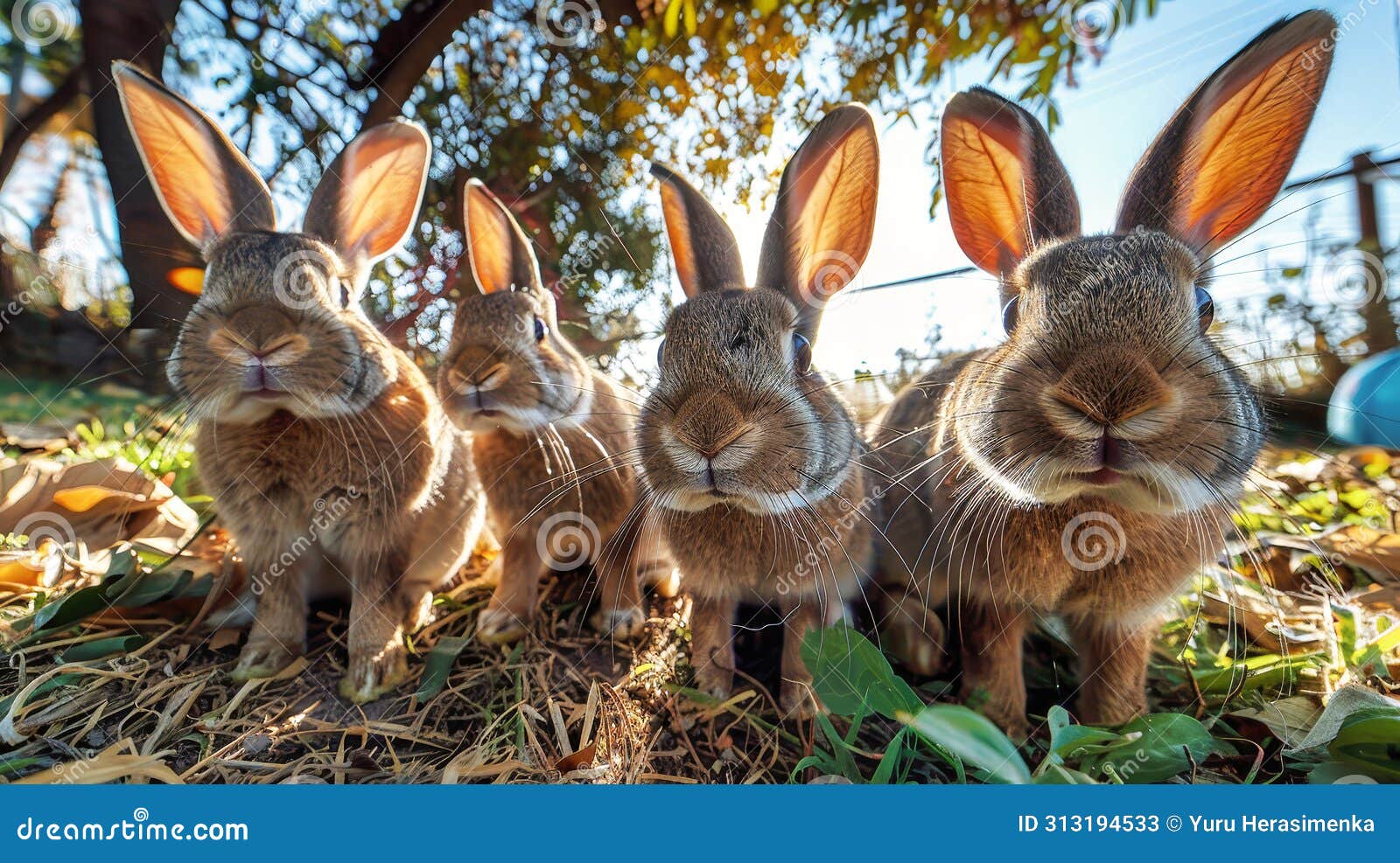 A Group of Bunnies Sitting Next To Each Other in a Row Stock ...